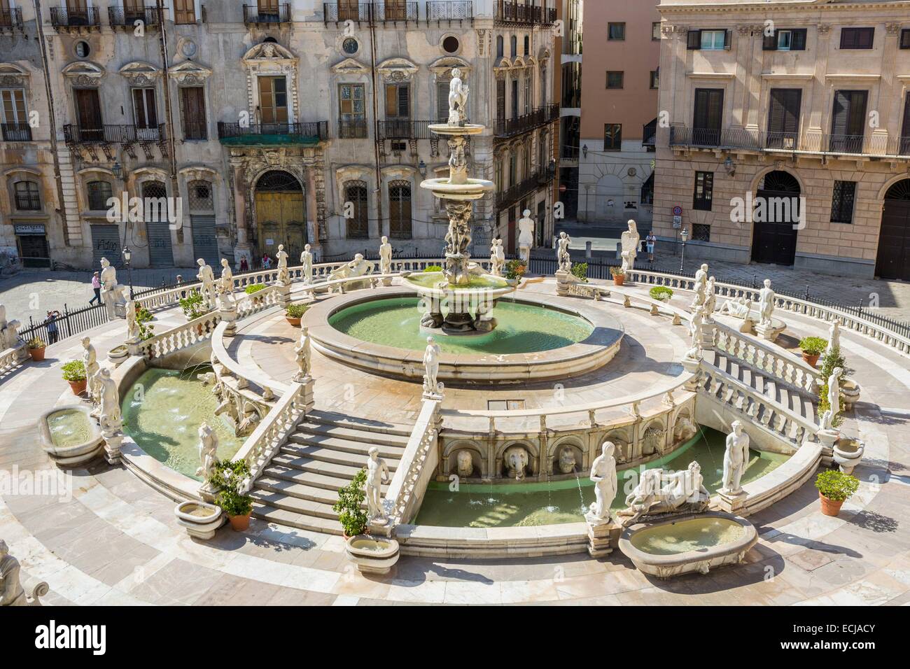Italy, Sicily, Palermo, Piazza Pretoria lined square with churches and ...