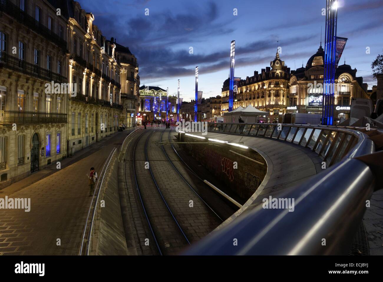 France, Herault, Montpellier, comedy place, tramway railroad in town ...