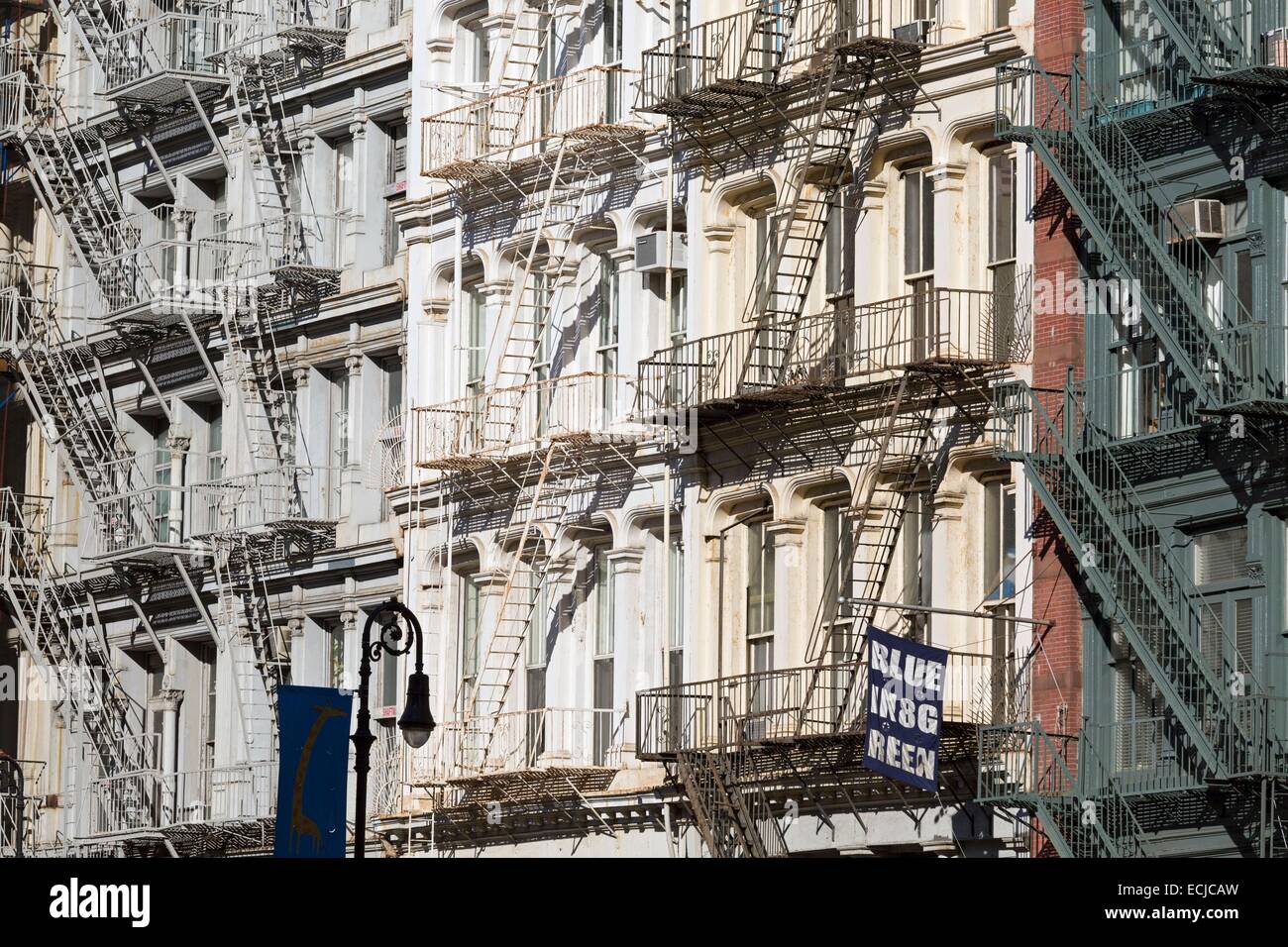 USA, New York, Manhattan, Soho, typical buildings with iron stairs ...