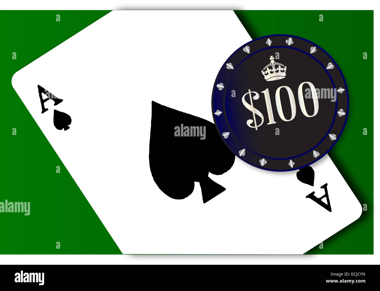 The ace of spades and a poker chip coin on a green background Stock ...