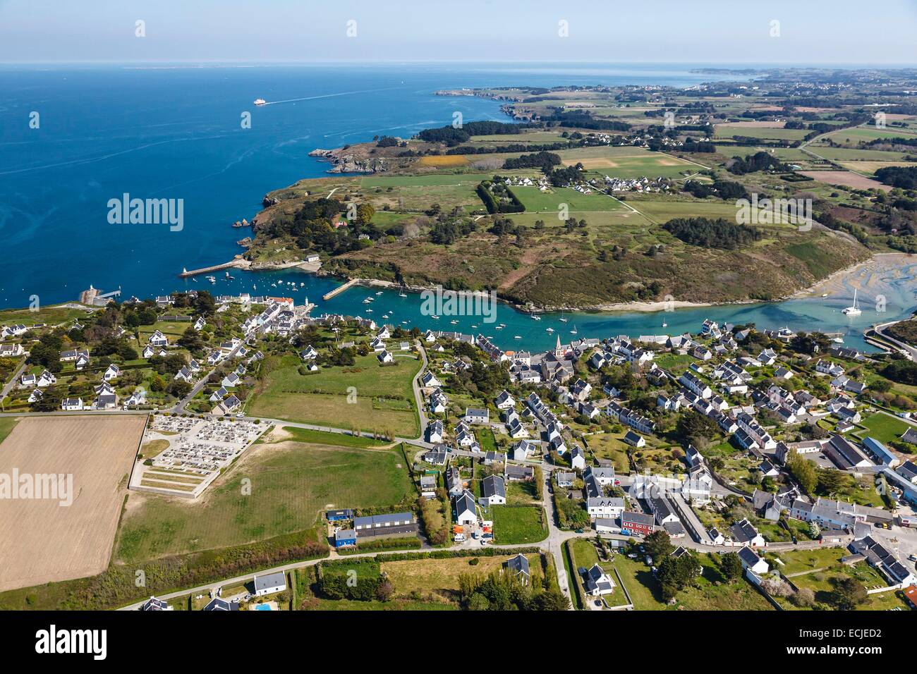 France, Morbihan, Belle Ile en Mer, Sauzon, the village (aerial view ...