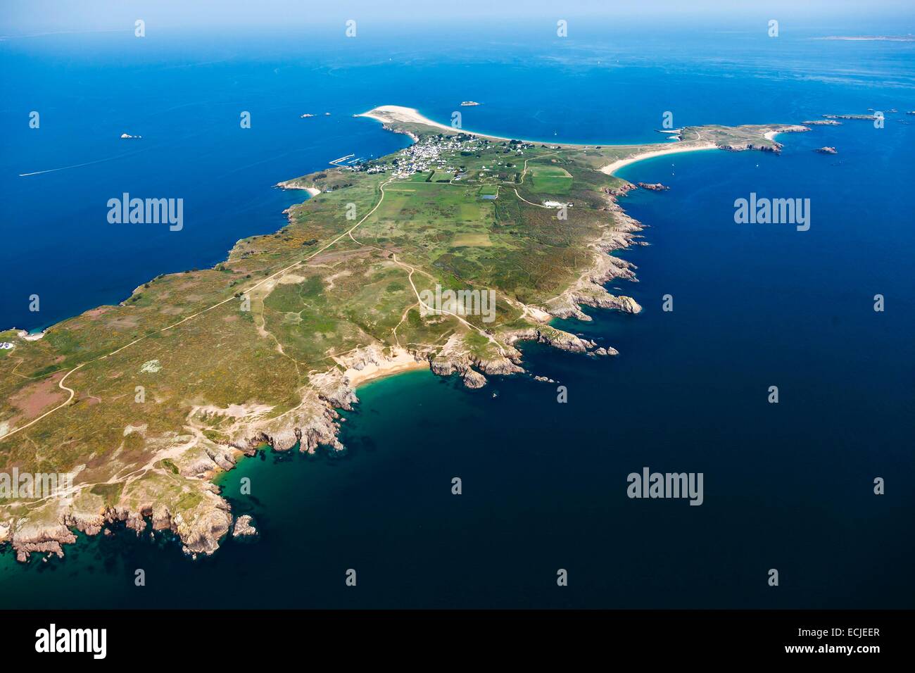 France, Morbihan, Houat island, Portz Plouz and the south coast (aerial ...
