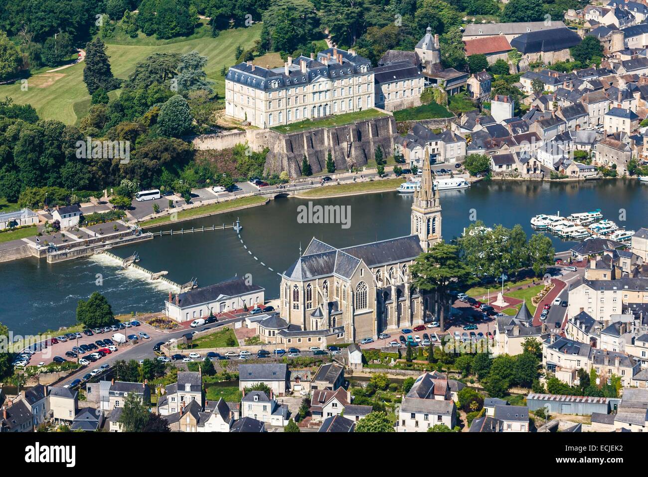 France, Sarthe, Sable sur Sarthe, the church and Sable castle near the Sathe river (aerial view ...
