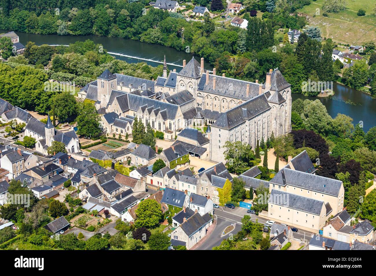 France, Sarthe, Solesmes, the church and Saint Pierre abbey (aerial ...