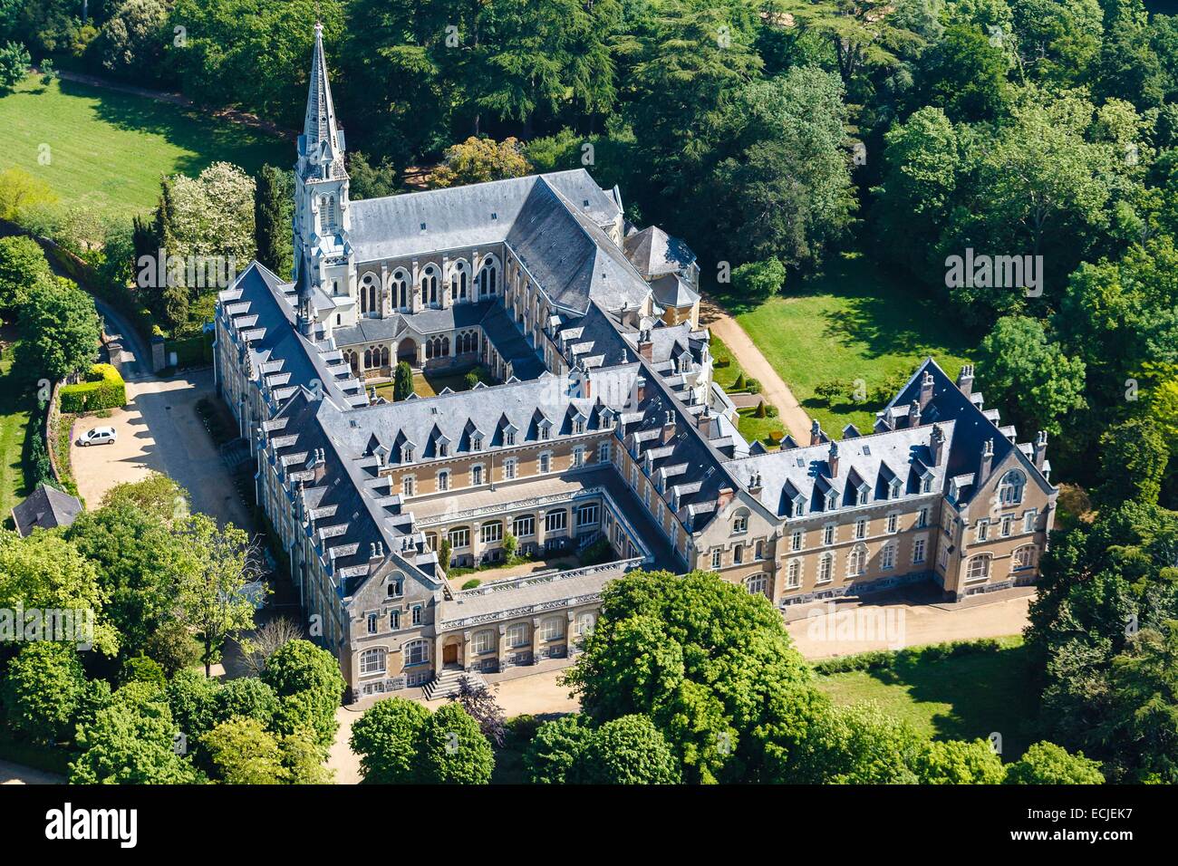 France, Sarthe, Solesmes, Sainte Cecile abbey (aerial view Stock Photo ...