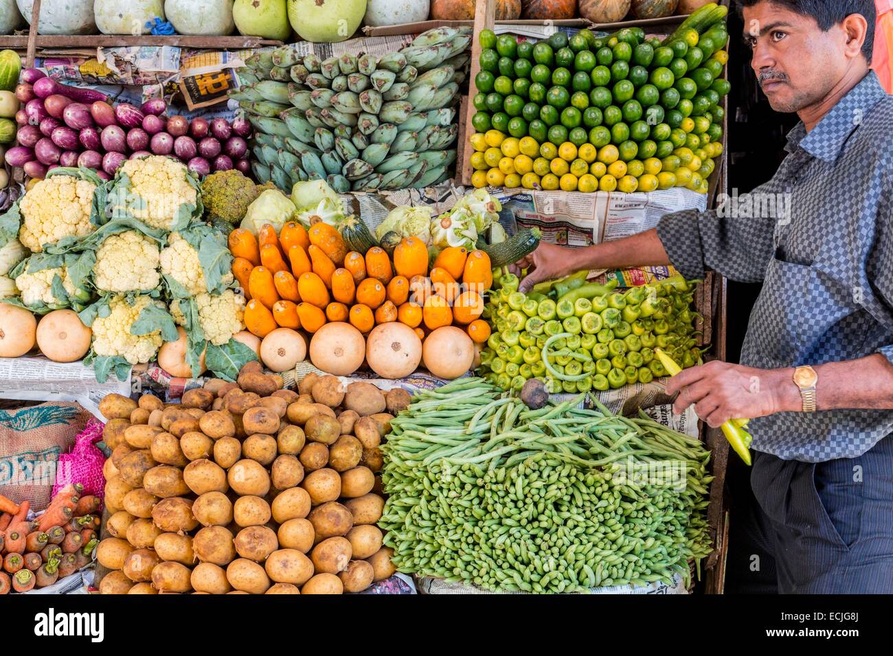 Sri Lanka, Central province, Kandy, market, vendor before his vegetable ...