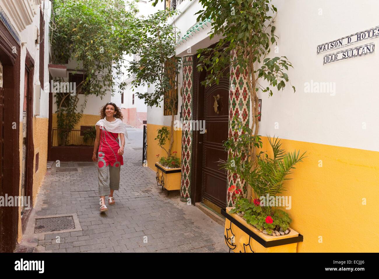Morocco, Tangier Tetouan region, Tangier, woman walking in the Kasbah ...