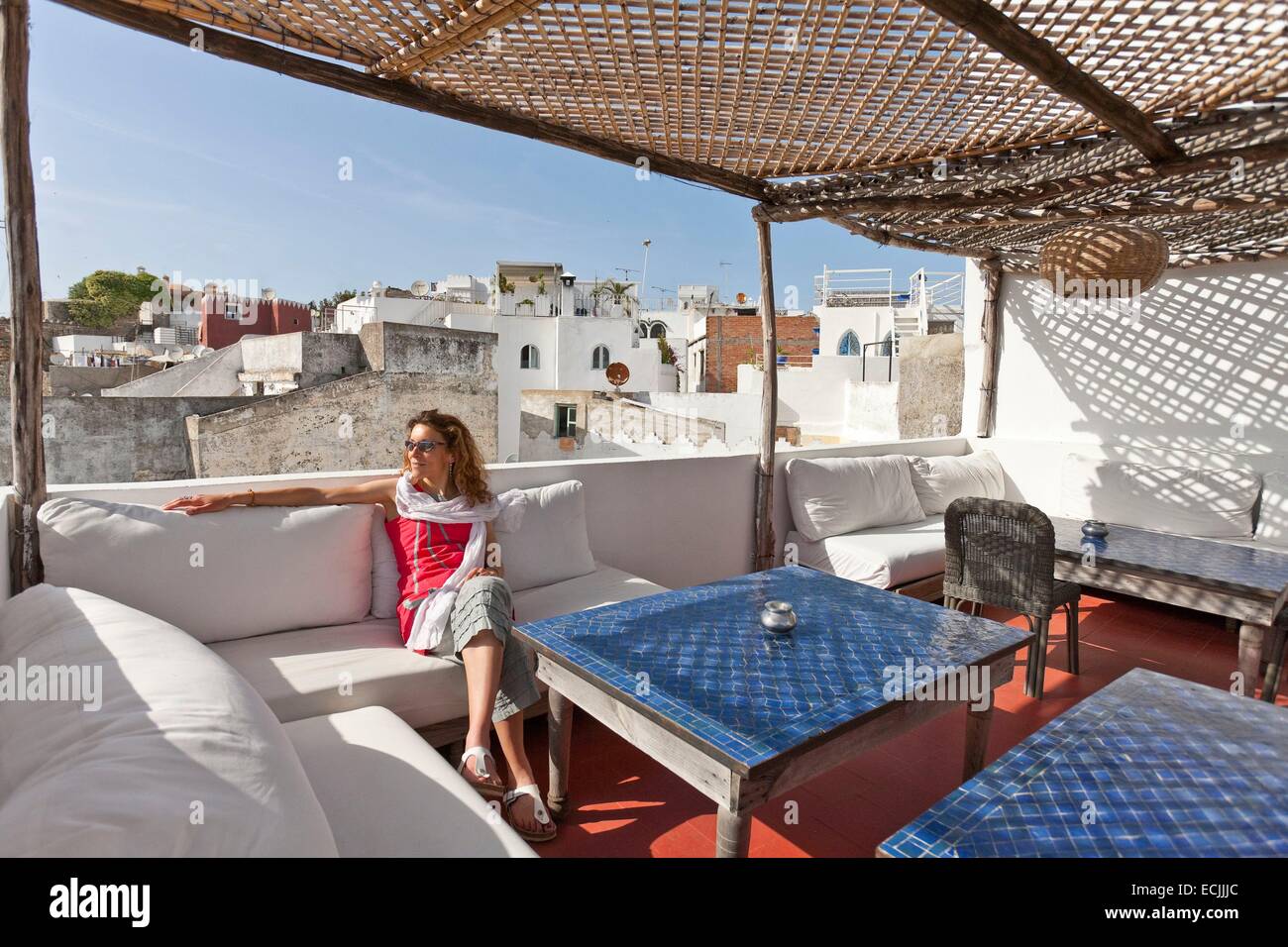 Morocco, Tangier Tetouan region, Tangier, woman on a terrace of La ...