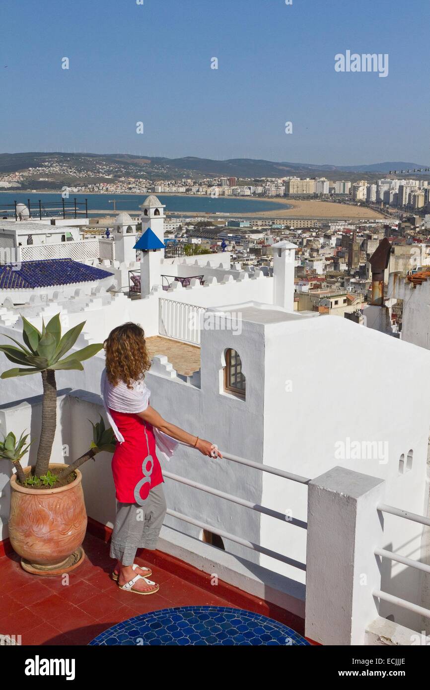 Morocco, Tangier Tetouan region, Tangier, woman on a terrace of La ...