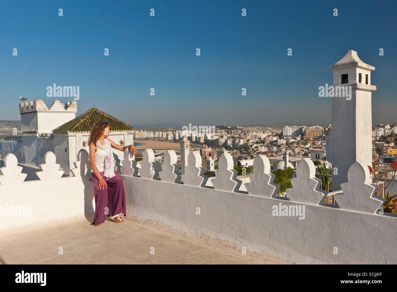 Morocco, Tangier Tetouan region, Tangier, woman on the terrace of La ...