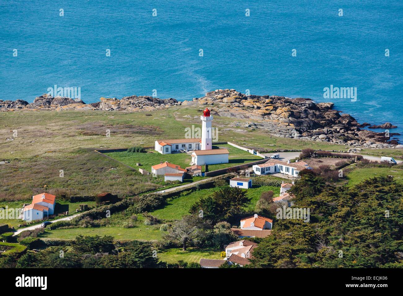 France, Vendee, Yeu island, Pointe des Corbeaux lighthouse (aerial view ...