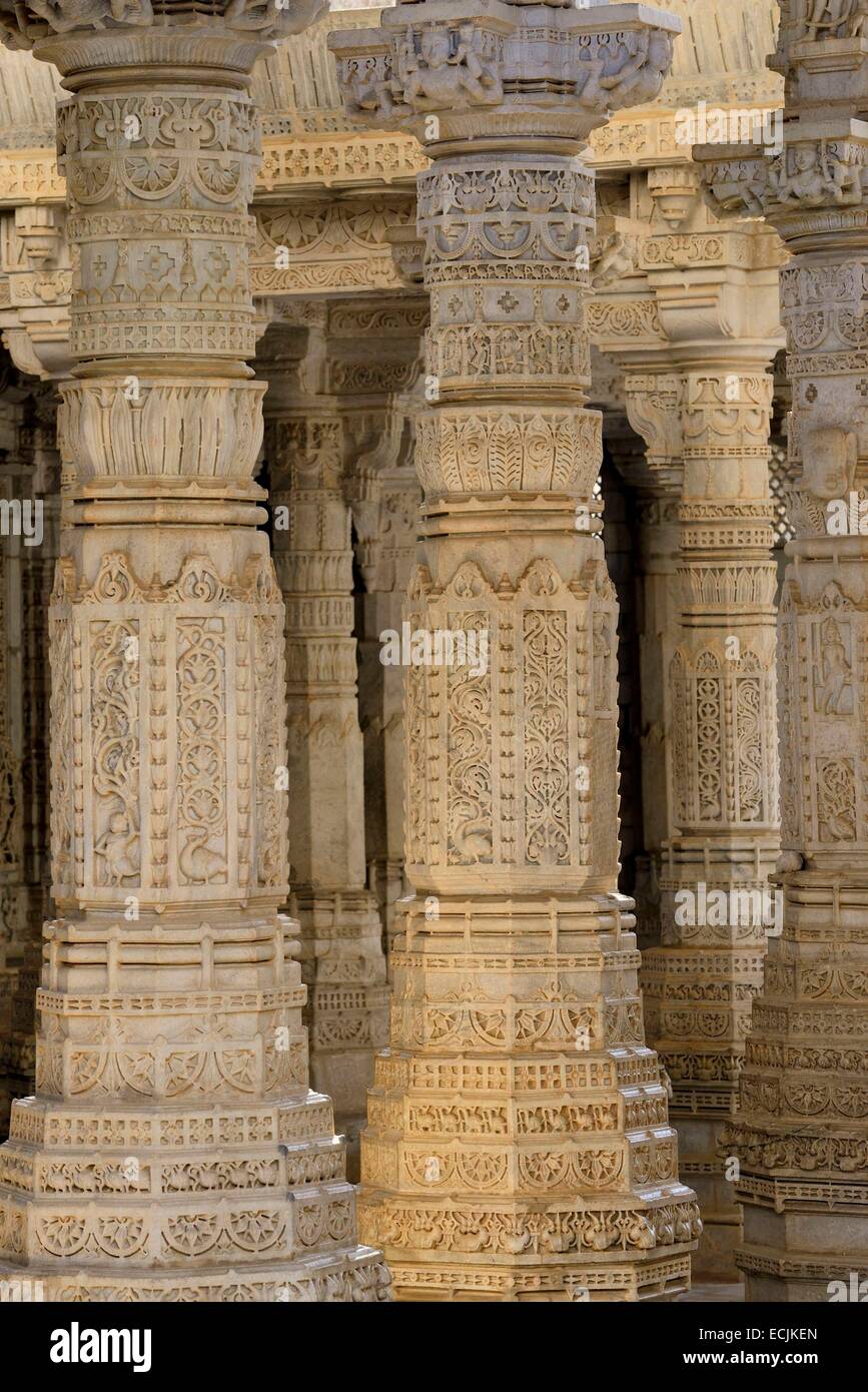 India, Rajasthan, Ranakpur, Adinath temple, Marble columns Stock Photo ...