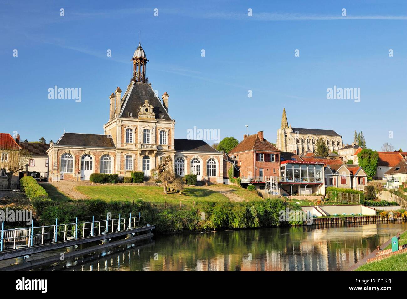 France, Somme, Long, City hall and sluice of the Somme with in the ...