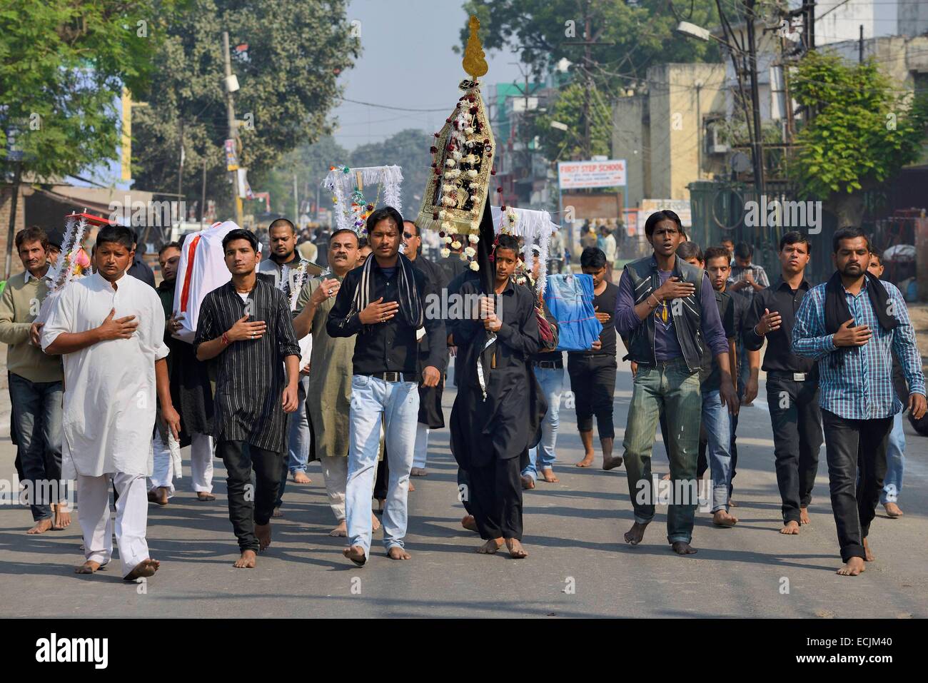 India, Uttar Pradesh, Lucknow, Ashura festival, Shia muslims carrying ...