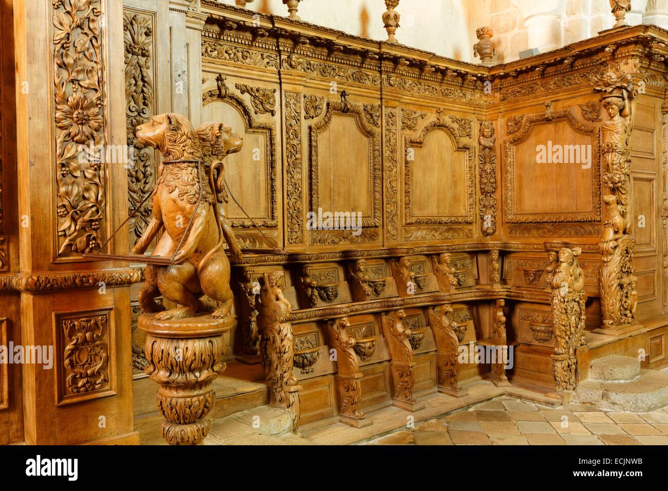 France, Creuse, Moutier d'Ahun abbey, stalls sculpted by Simon Bouer ...