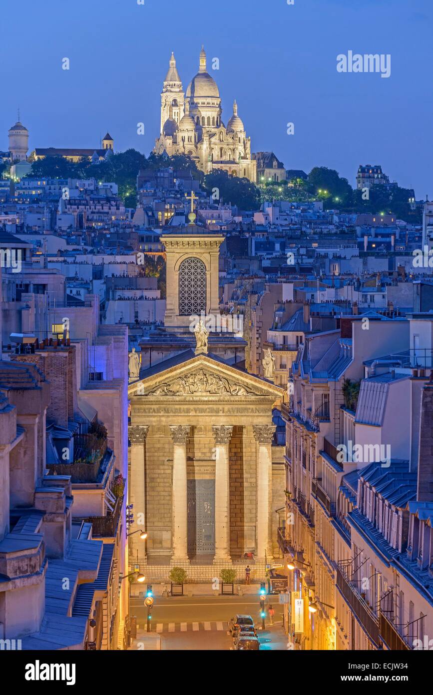 France, Paris, the Sacre Coeur basilica on the Montmartre hill and the ...