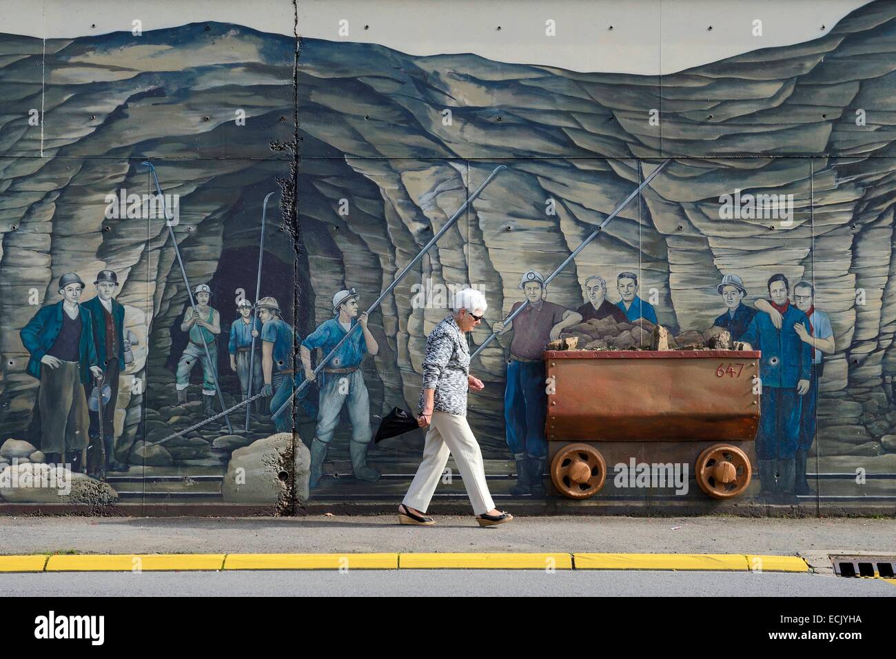 France, Moselle, Fensch Valley, Algrange, Four Mines mural dedicated to ...