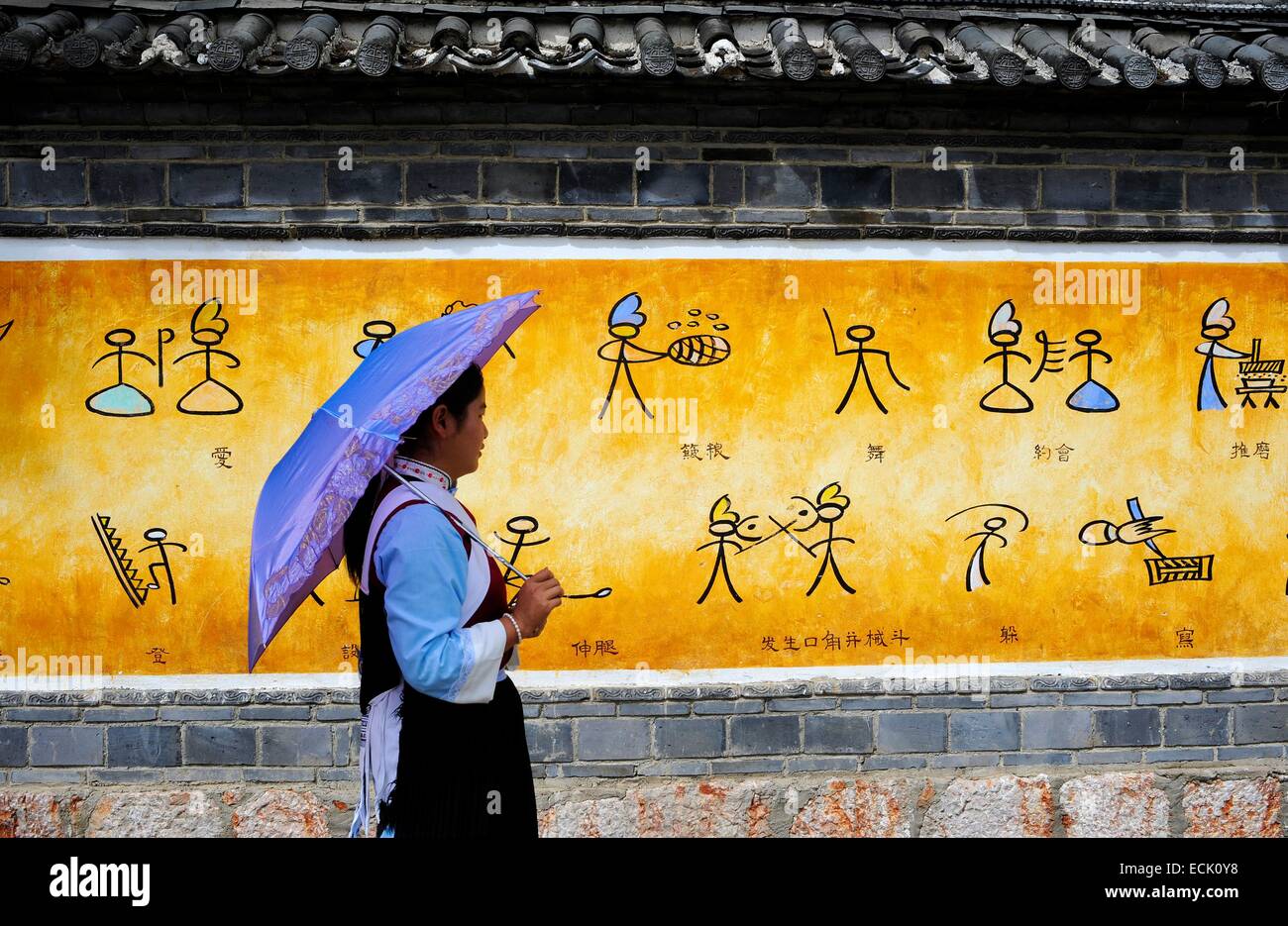 China, Yunnan Province, Lijiang, Naxi characters engraved on a wall of ...