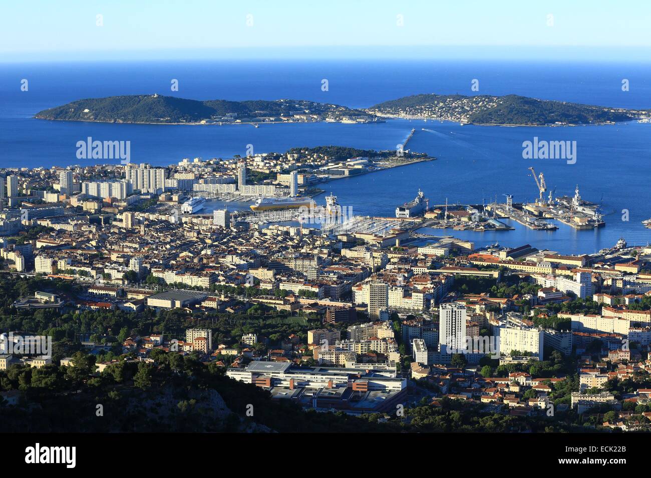 France, Var, Toulon, harbor from Mount Faron, the peninsula of Saint ...