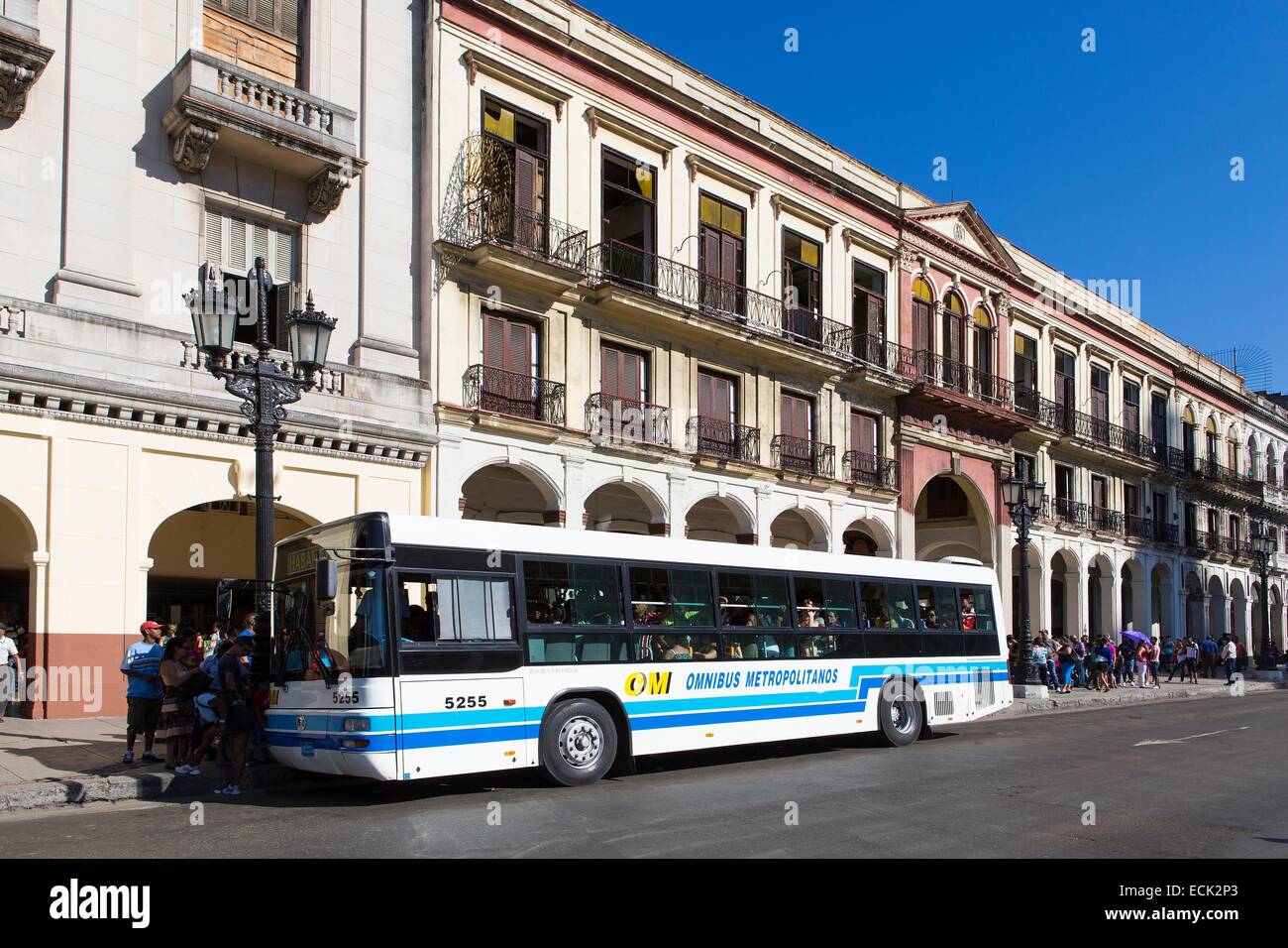 Cuba, La Habana, Centro Habana district, public bus and facades of ...