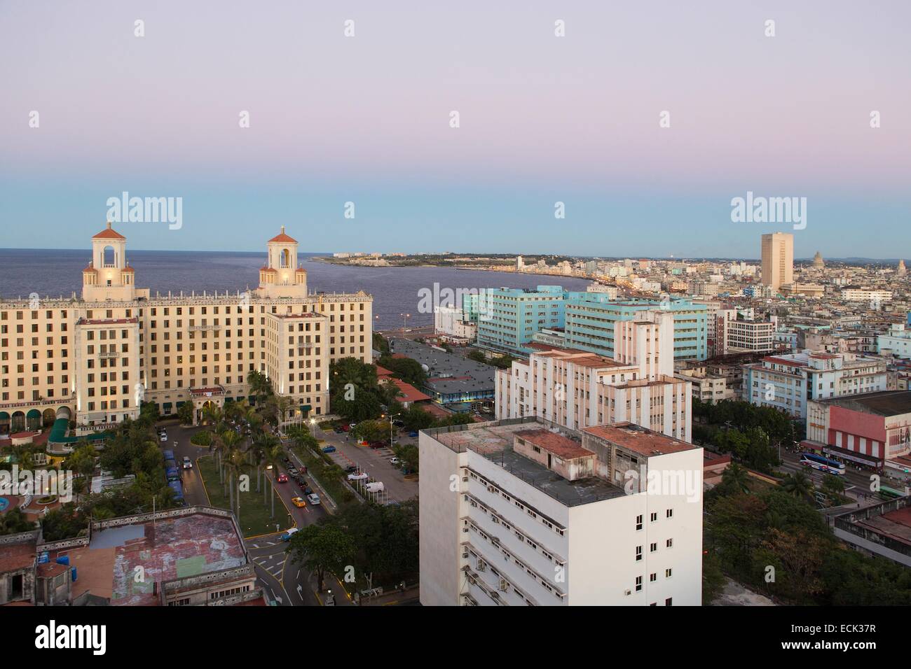 Cuba, La Habana, panorama over the bay of La habana and the Malecon at ...