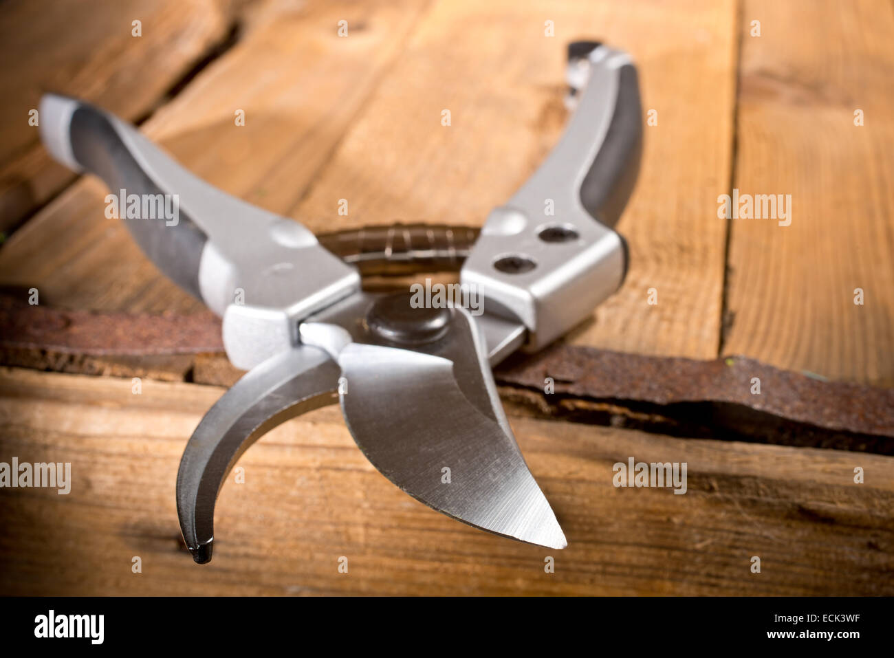 new pruning shears on the wooden table Stock Photo - Alamy