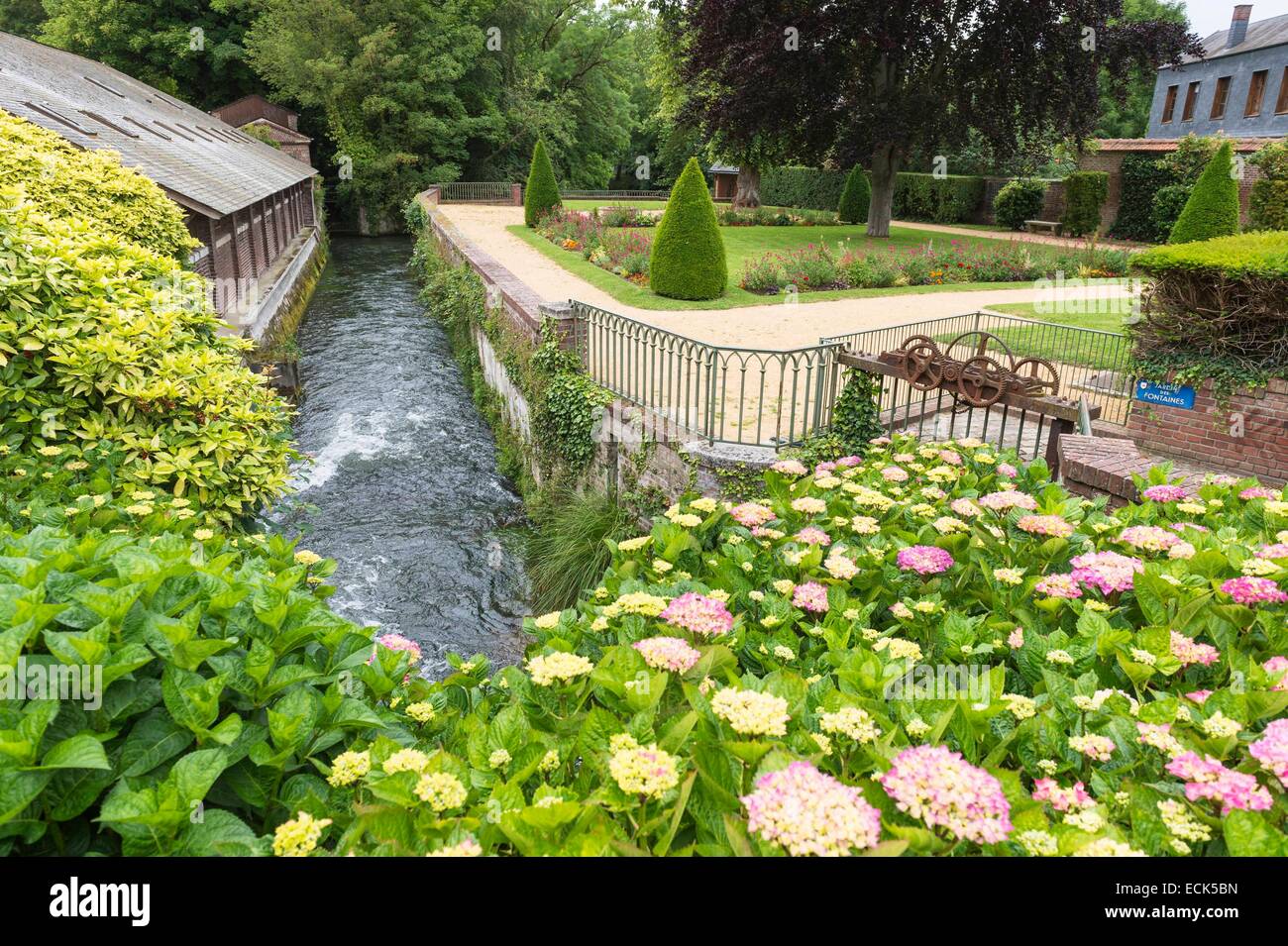 France, Seine Maritime, Eu, Fountains garden along the Bresle river ...