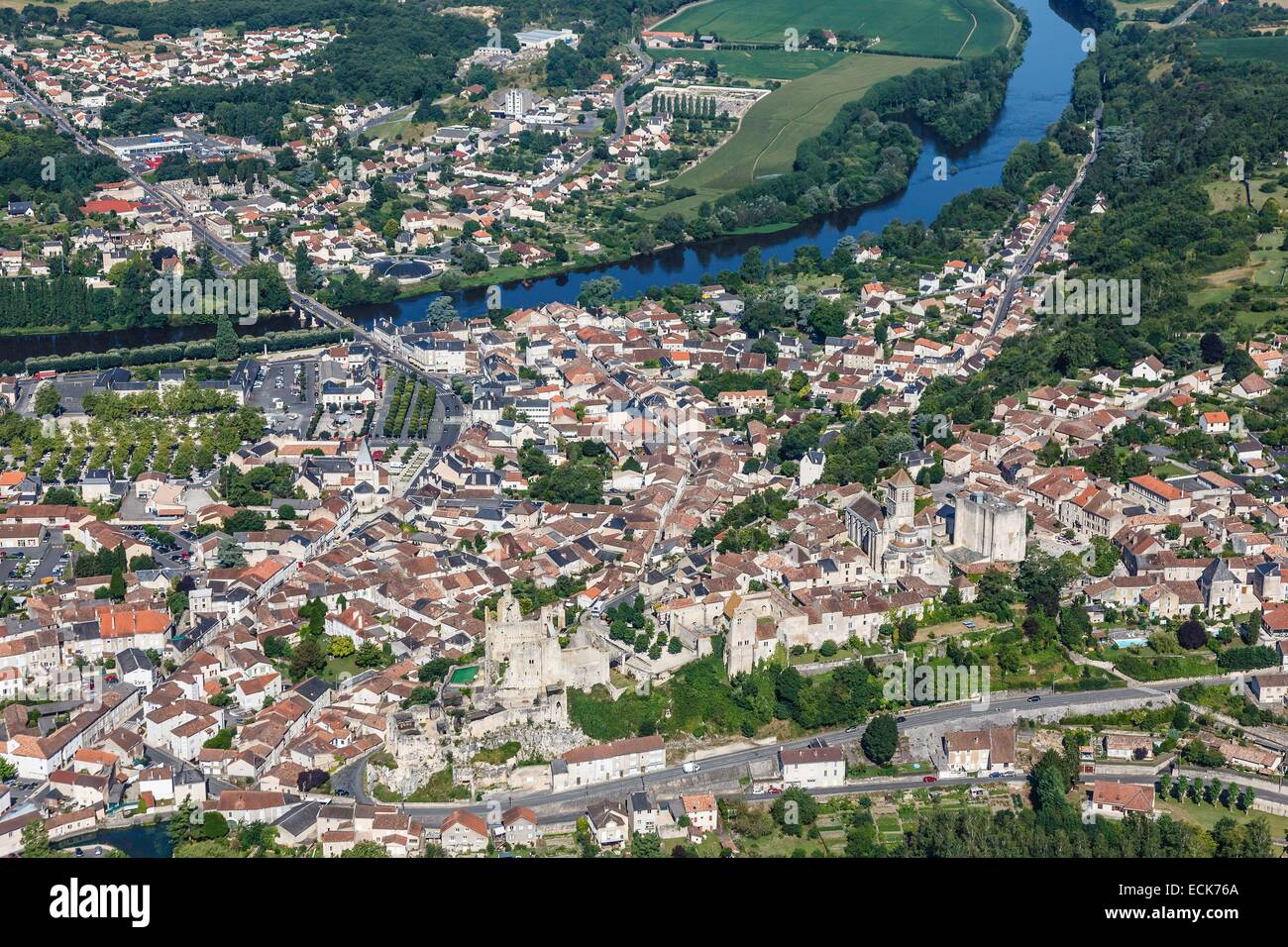 France, Vienne, Chauvigny, the village on the Vienne river (aerial view ...