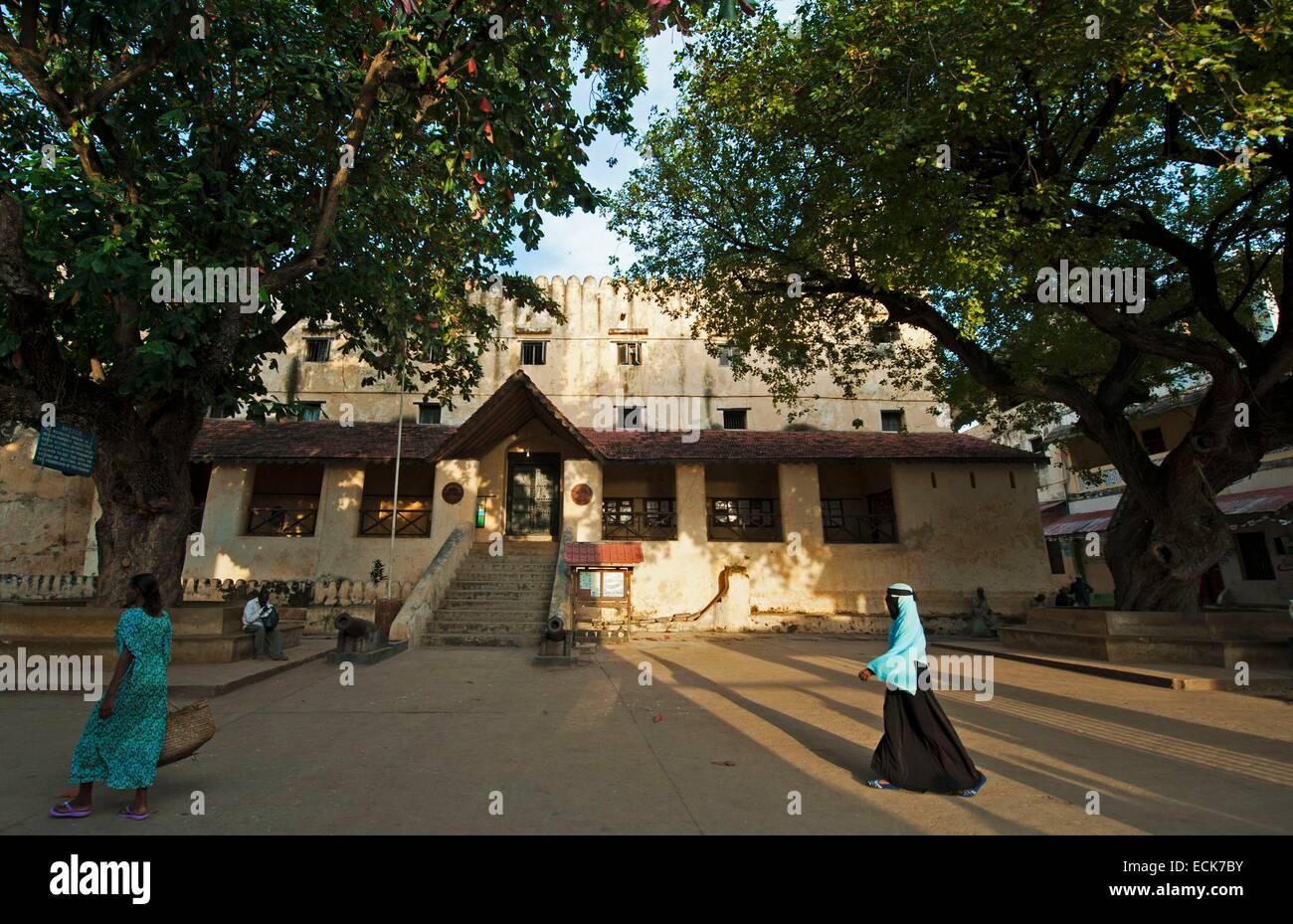 Kenya, Lamu archipelago, Lamu, Woman fully black covered walking by the ...