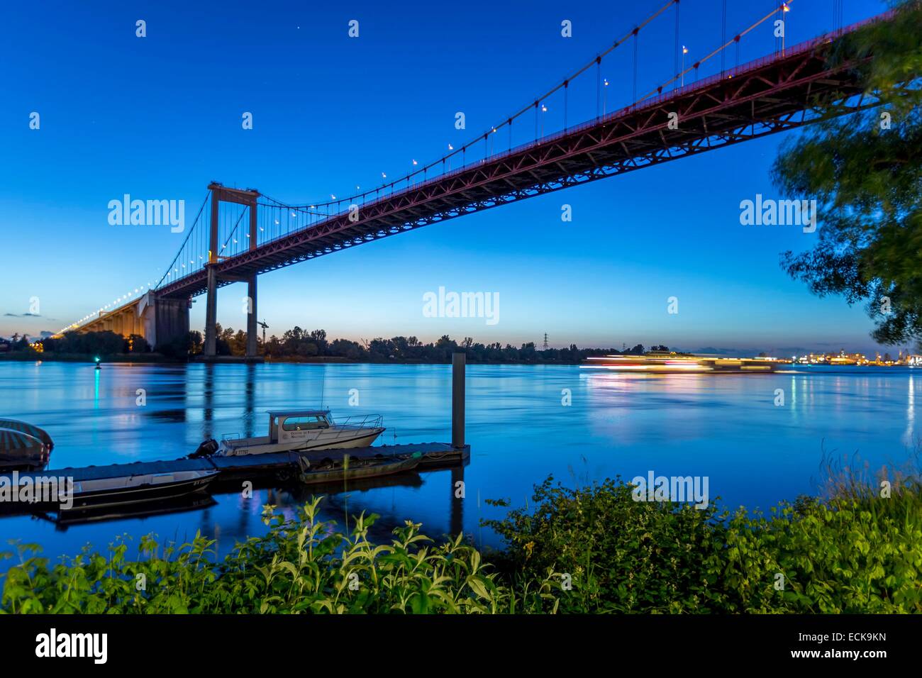 France, Gironde, Bordeaux, the Aquitaine Bridge is a suspension bridge ...