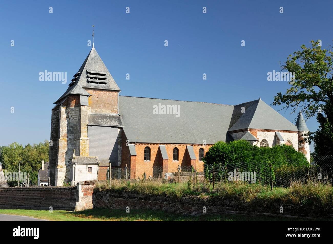 France, Ardennes, Fraillicourt, fortified church of Our Lady from the ...