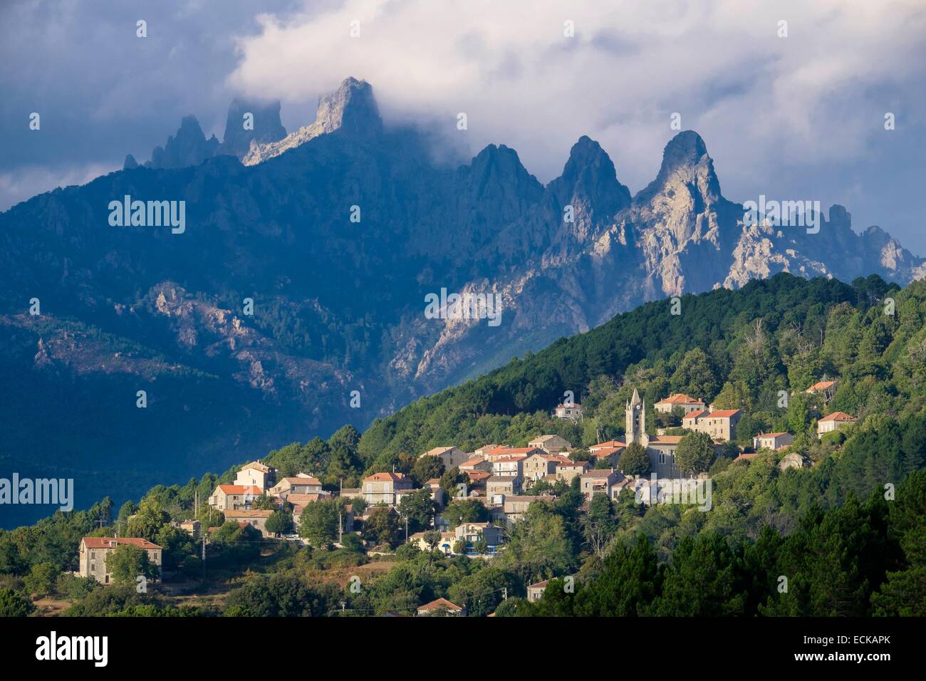 France, Corse-du-Sud, Alta Rocca region, village of Zonza and Aiguilles ...