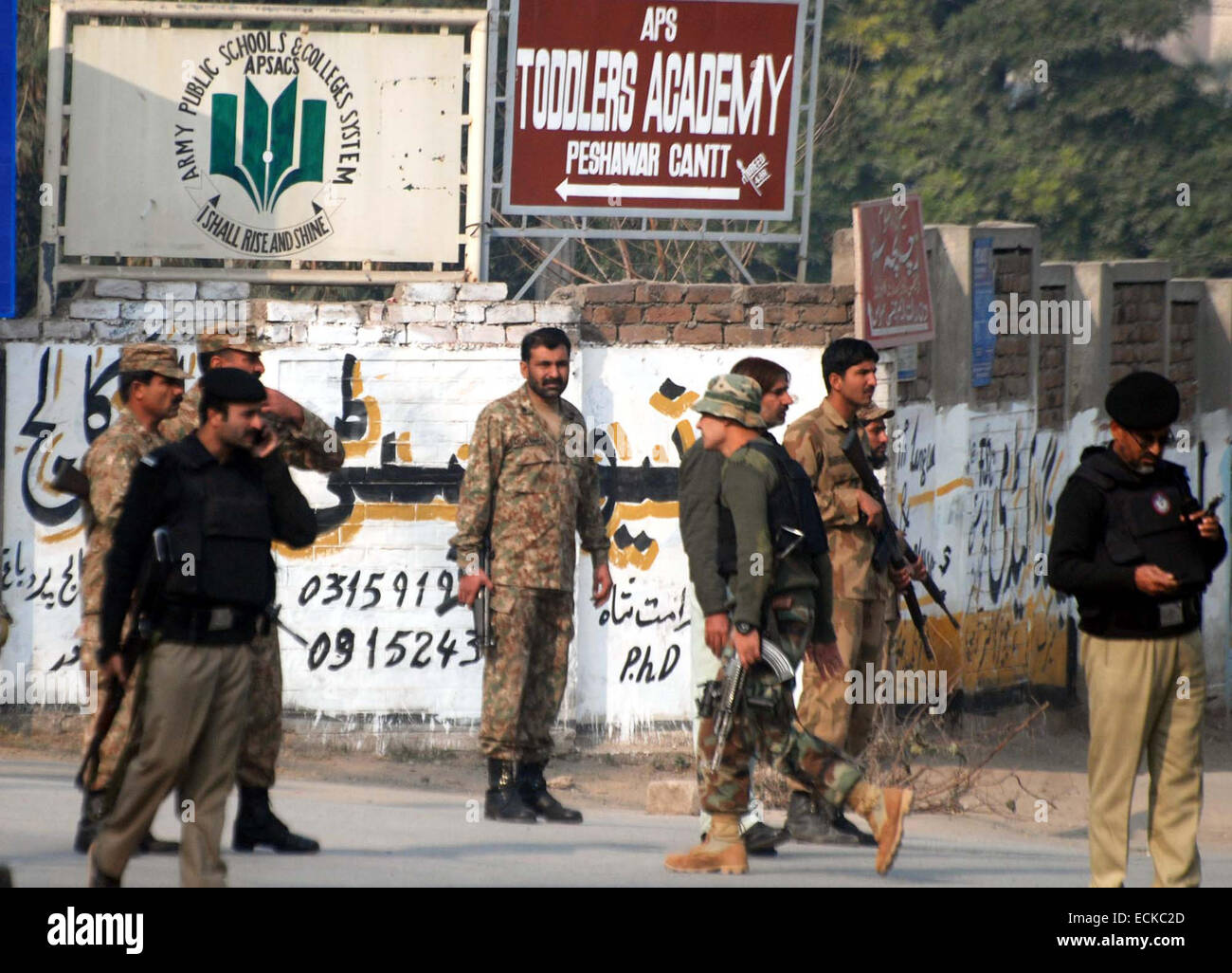 Peshawar, Pakistan. 16th Dec, 2014. Security personnel cordon off venue ...