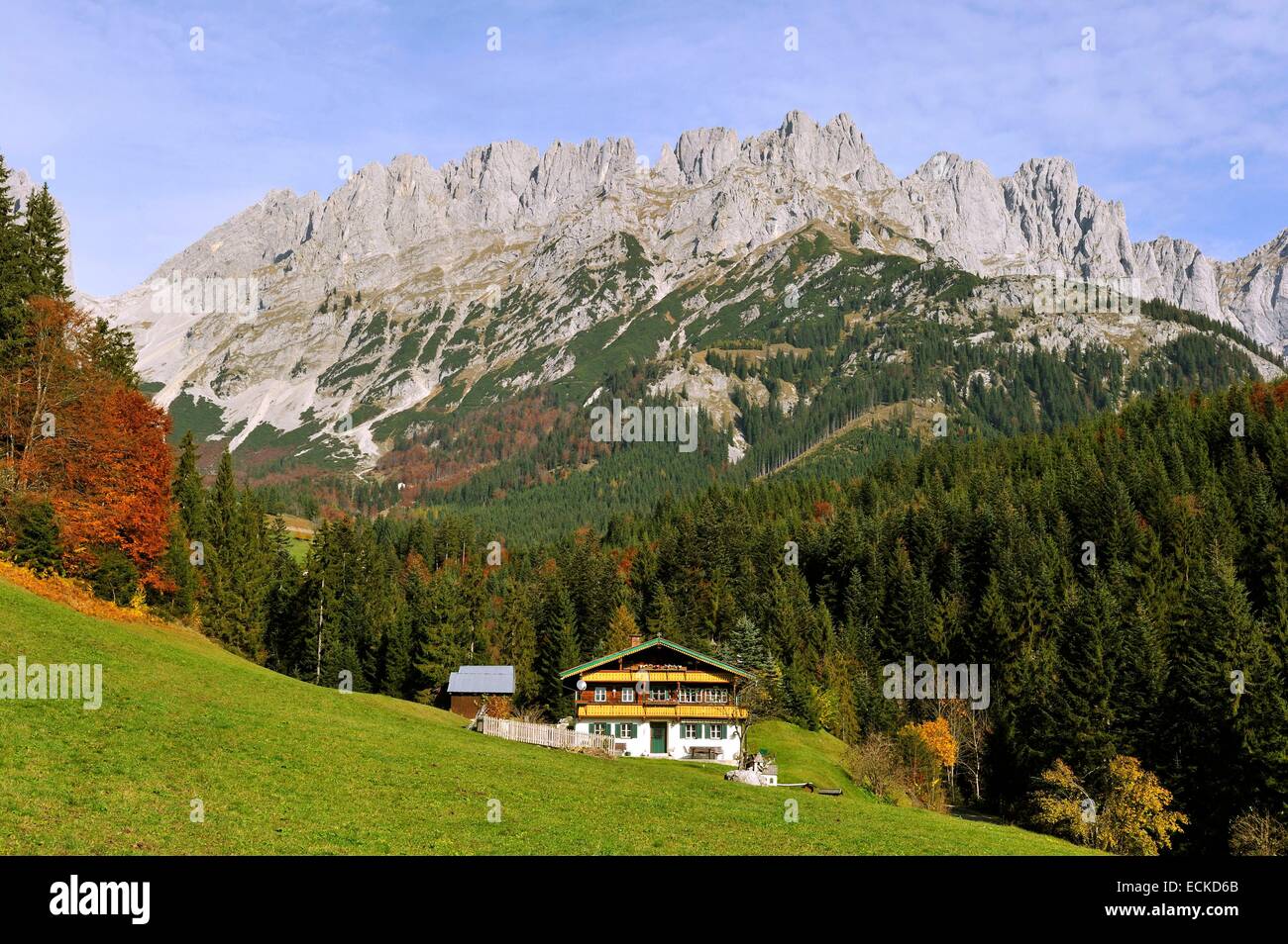 Austria, Tyrol, Ellmau, cottage before the Wilder Kaiser mountains ...