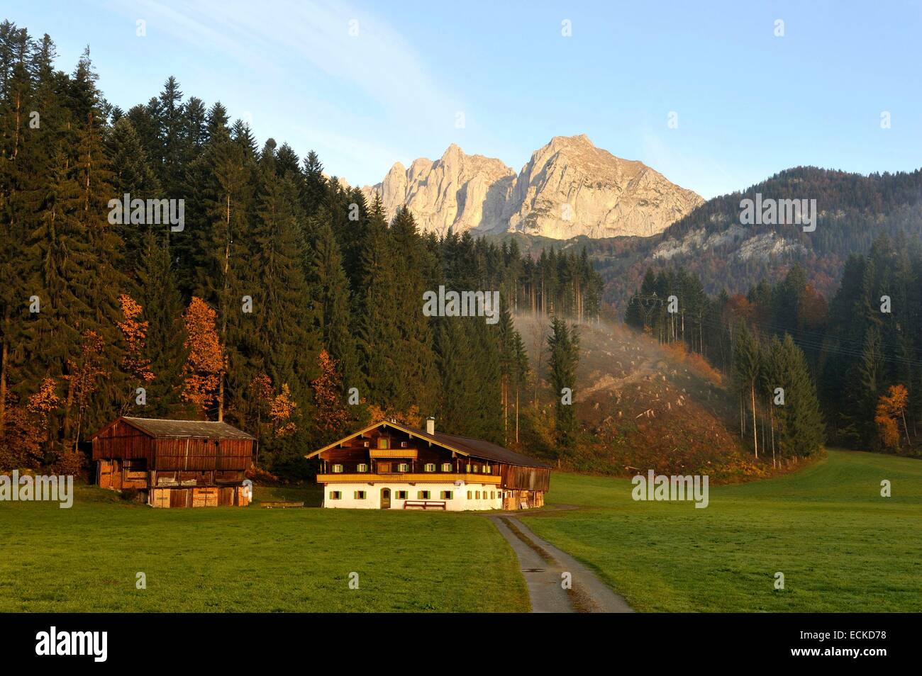 Austria, Tyrol, Going am Wilder Kaiser, Alpine scenery and cottage ...
