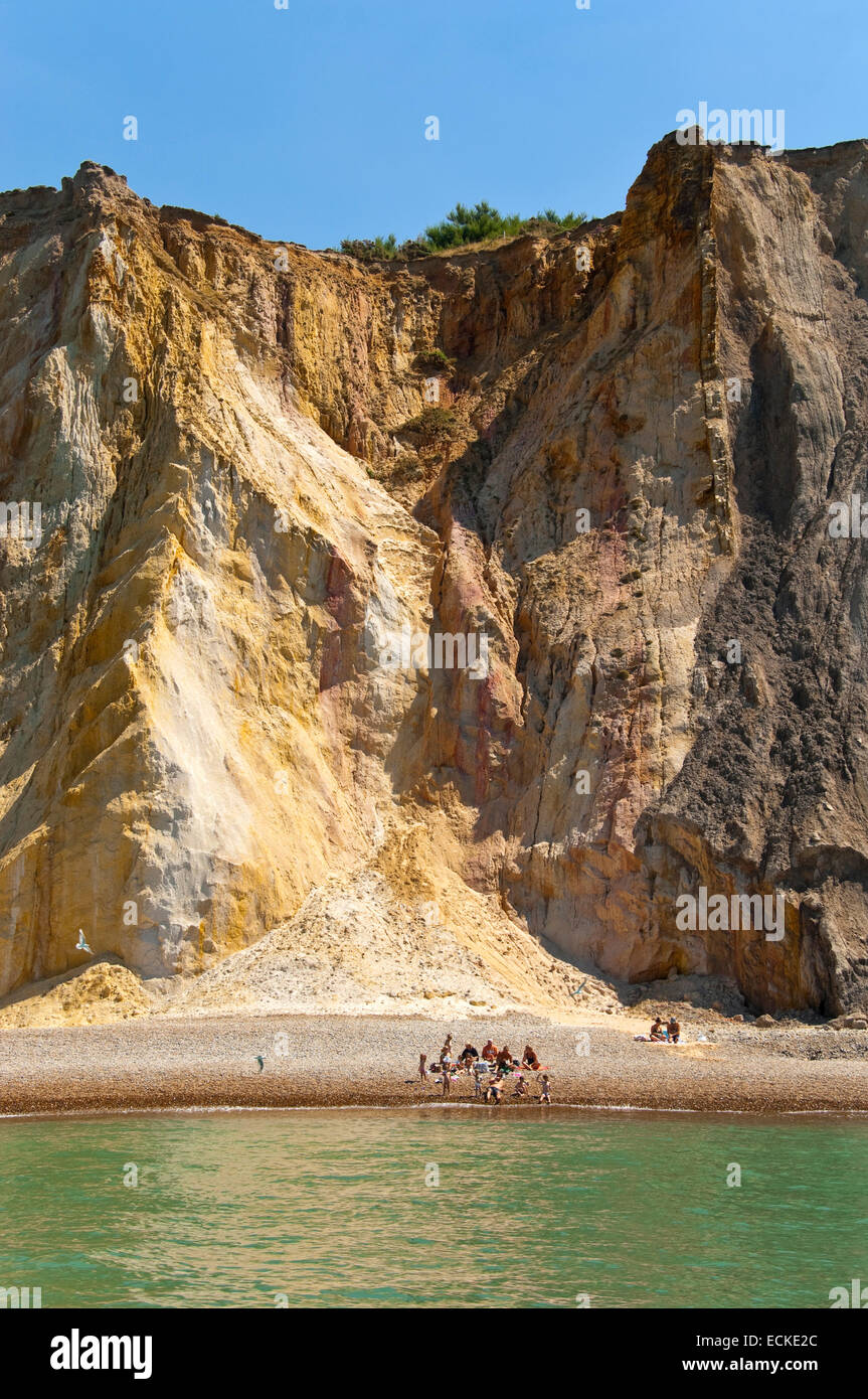 Vertical view of the colourful cliffs at Alum Bay in the Isle of Wight ...