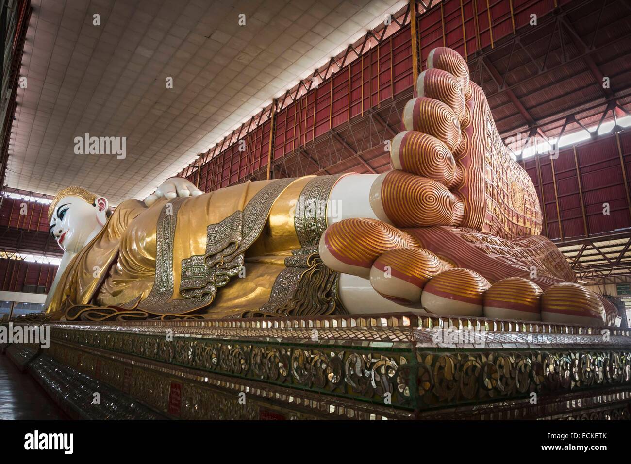 Myanmar (Burma), Yangon Division, Yangon, Kyauk Htat Gyi Pagoda, Statue of the Reclining Buddha ...