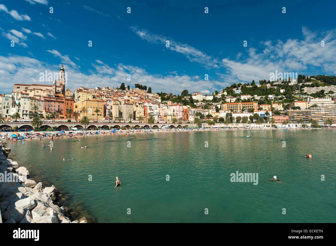France, Alpes Maritimes, Menton, Saint Michel church and the old town ...