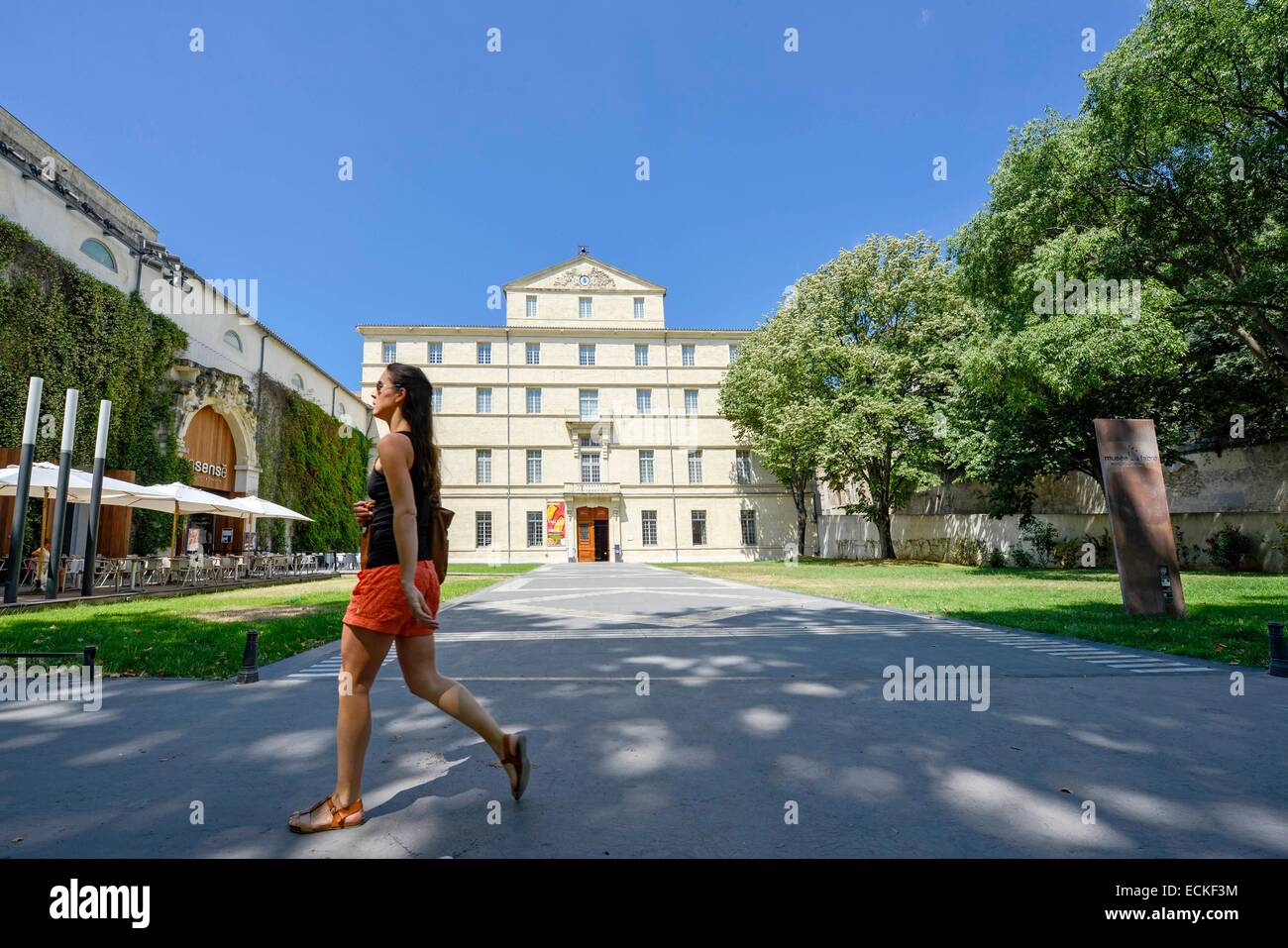 France, Herault, Montpellier, Fabre museum, young woman walking on a ...