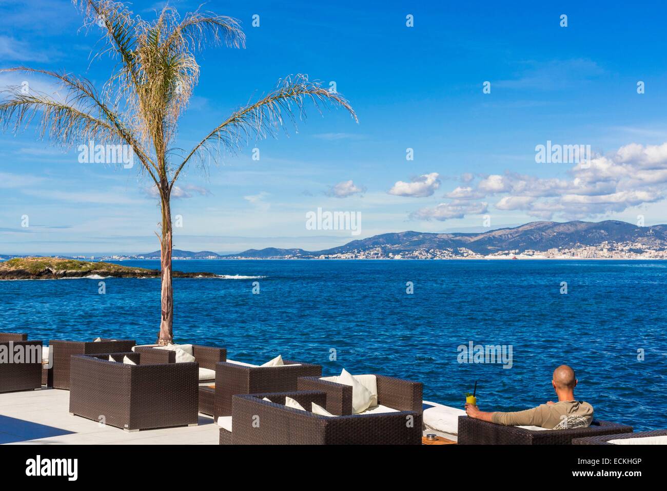 Spain, Balearic Islands, Majorca, Palma de Mallorca, Puro Beach Bar opened in 2005 overlooking ...