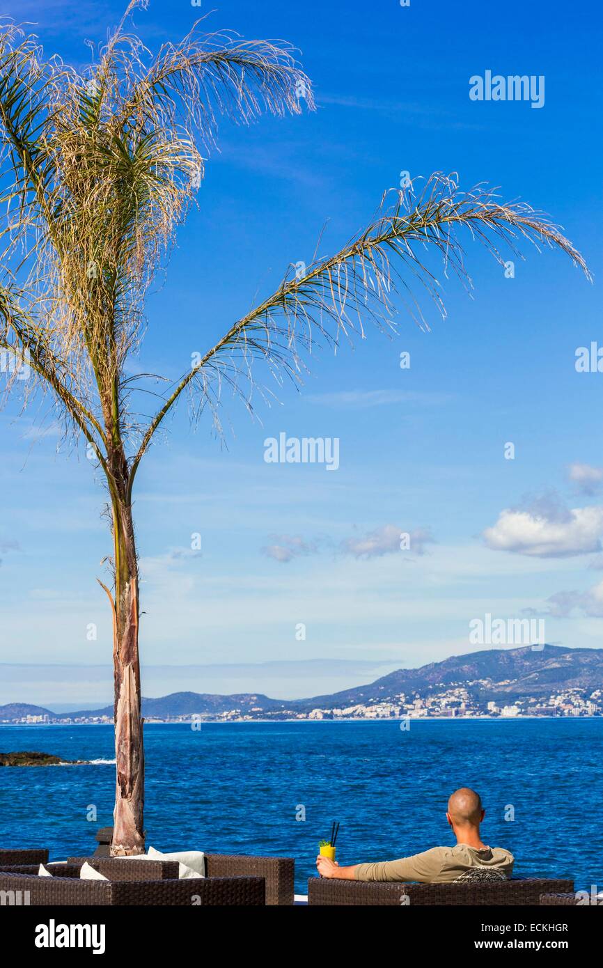 Spain, Balearic Islands, Majorca, Palma de Mallorca, Puro Beach Bar opened in 2005 overlooking ...