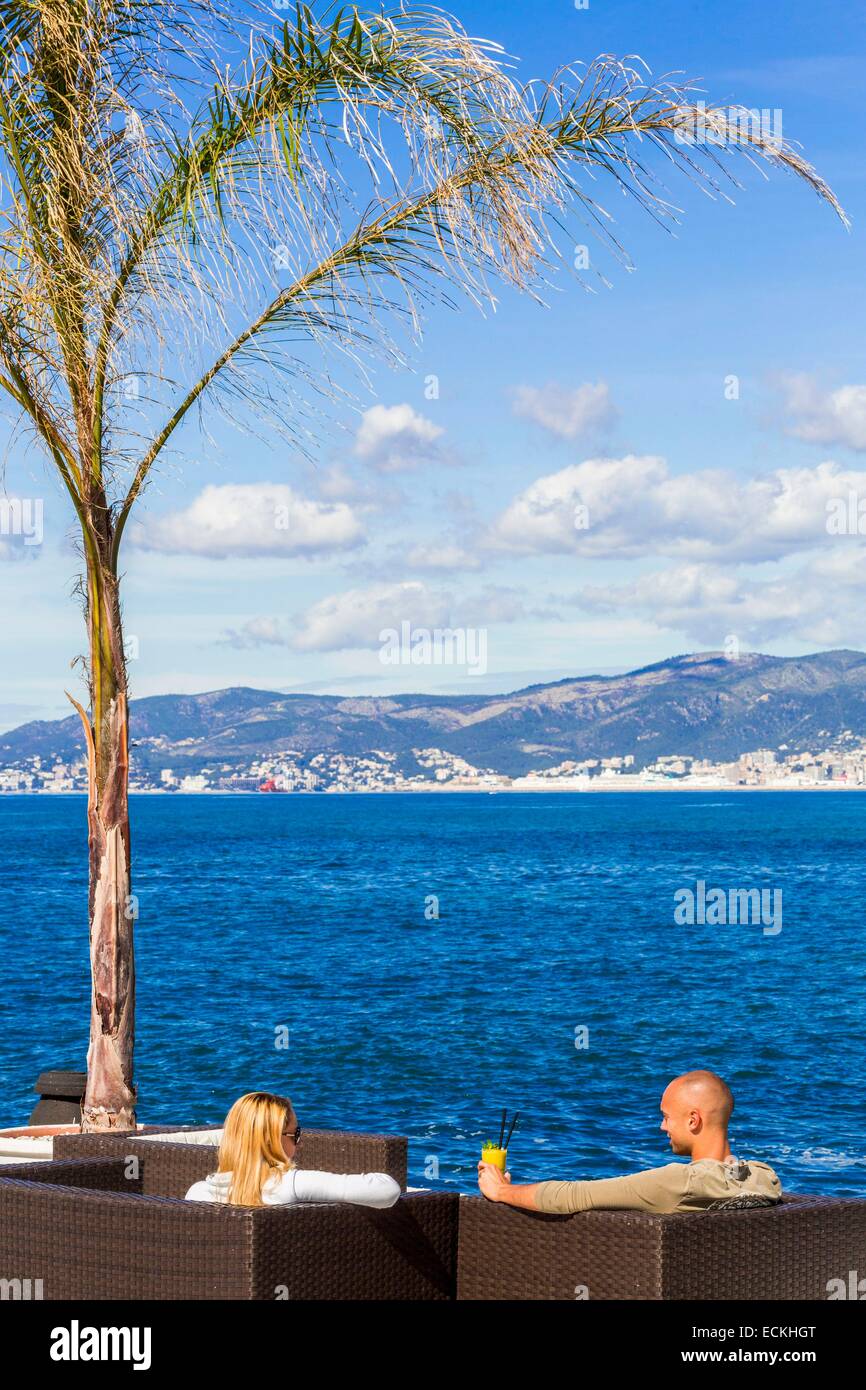 Spain, Balearic Islands, Majorca, Palma de Mallorca, Puro Beach Bar opened in 2005 overlooking ...