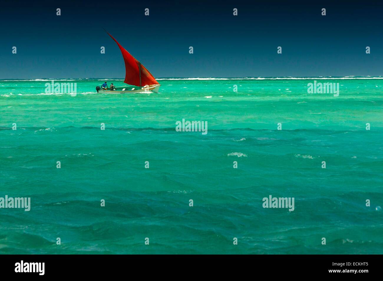 Mauritius, Rodrigues Island, ile aux Chats, fishermen aboard a fishing ...