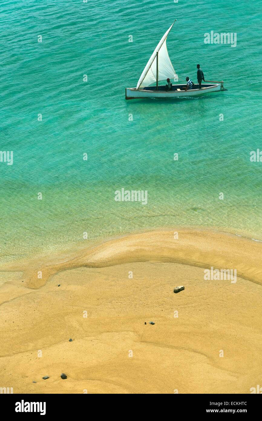 Mauritius, Rodrigues Island, ╬ie Hemitage, fishermen aboard a fishing ...