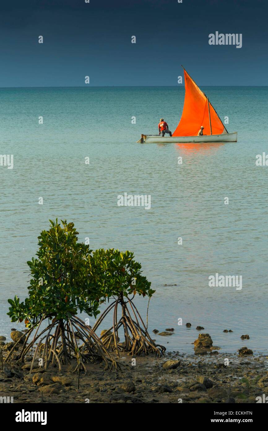 Mauritius, Rodrigues Island, Baie du Nord, fishermen aboard a fishing ...