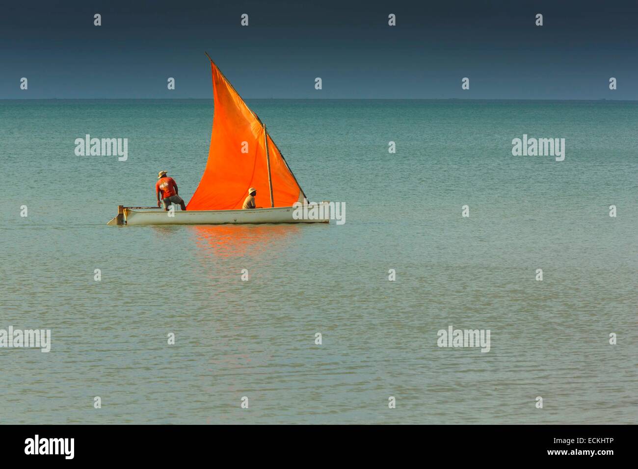 Mauritius, Rodrigues Island, Baie du Nord, fishermen aboard a fishing ...