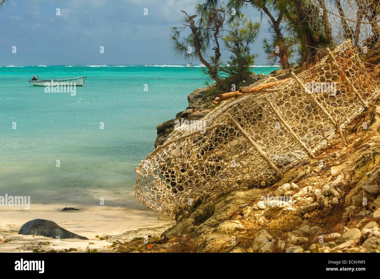 Mauritius, Rodrigues Island, Pointe Coton, detail of a fish trap on a ...