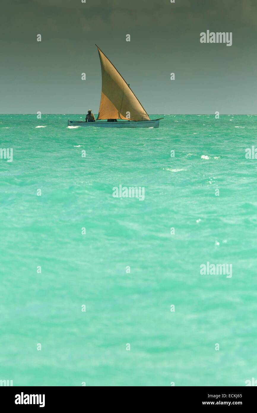 Mauritius, Rodrigues Island, Pointe Mangue, fishermen aboard a fishing ...