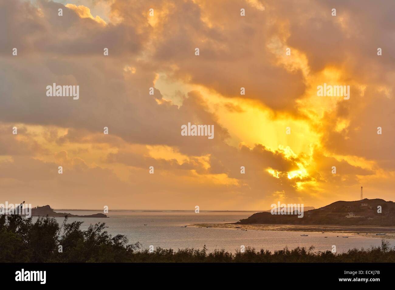 Mauritius, Rodrigues Island, Port Sud Est, horizontal view of a sunset ...