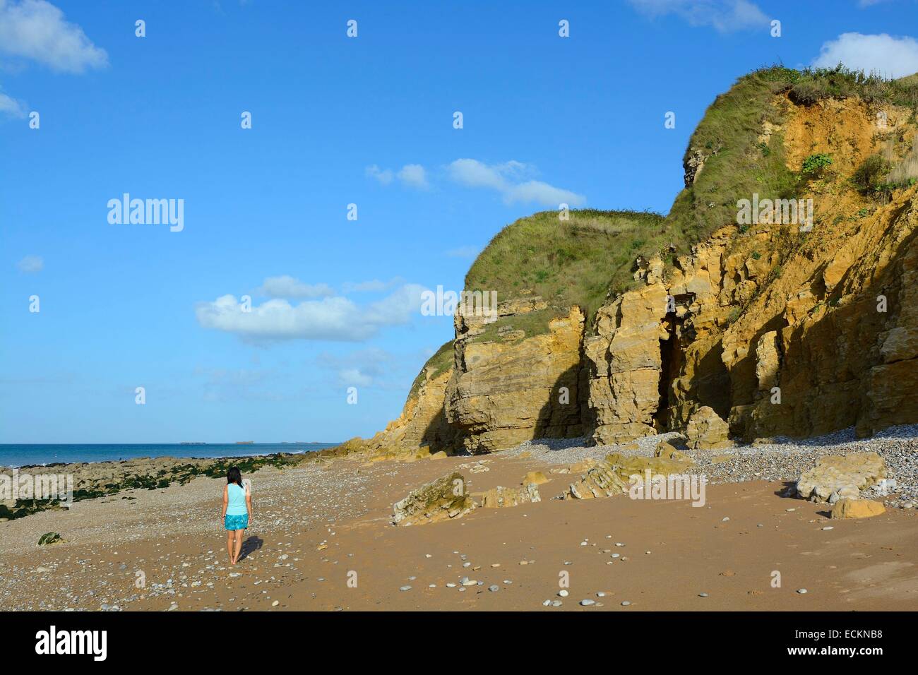 France, Calvados, the beach and the cliffs of Longues sur Mer Stock ...